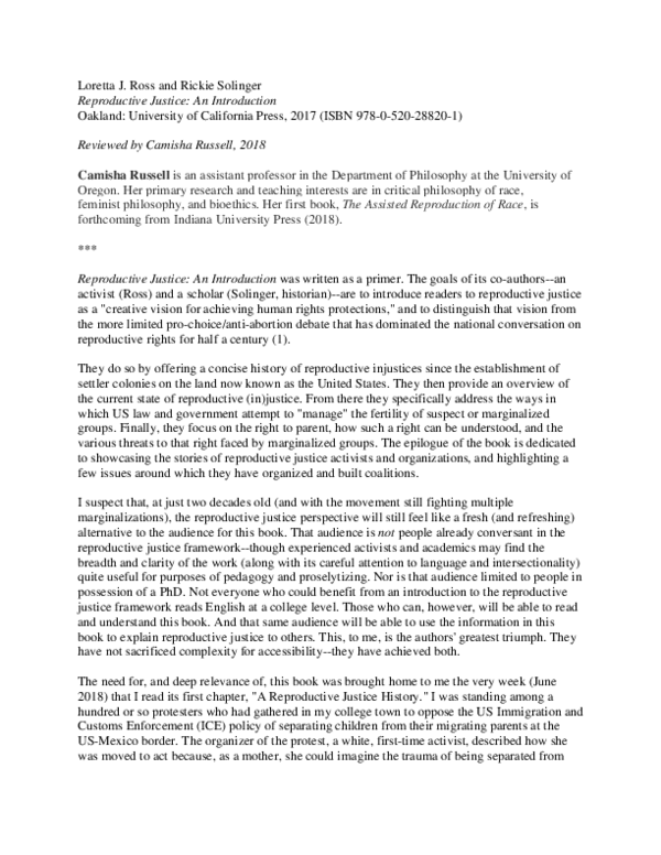 (PDF) Loretta J. Ross and Rickie Solinger, Reproductive Justice: An ...