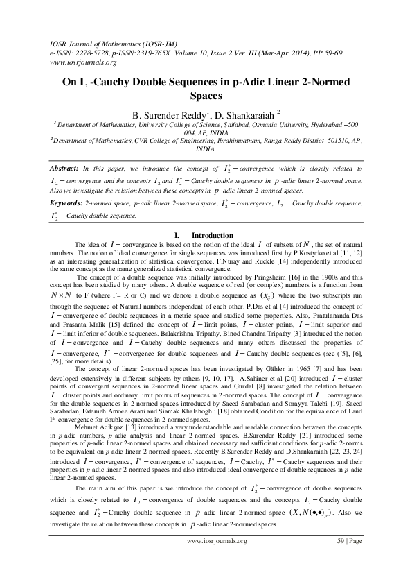 Pdf On I 2 Cauchy Double Sequences In P Adic Linear 2 Normed Spaces B Surender Reddy