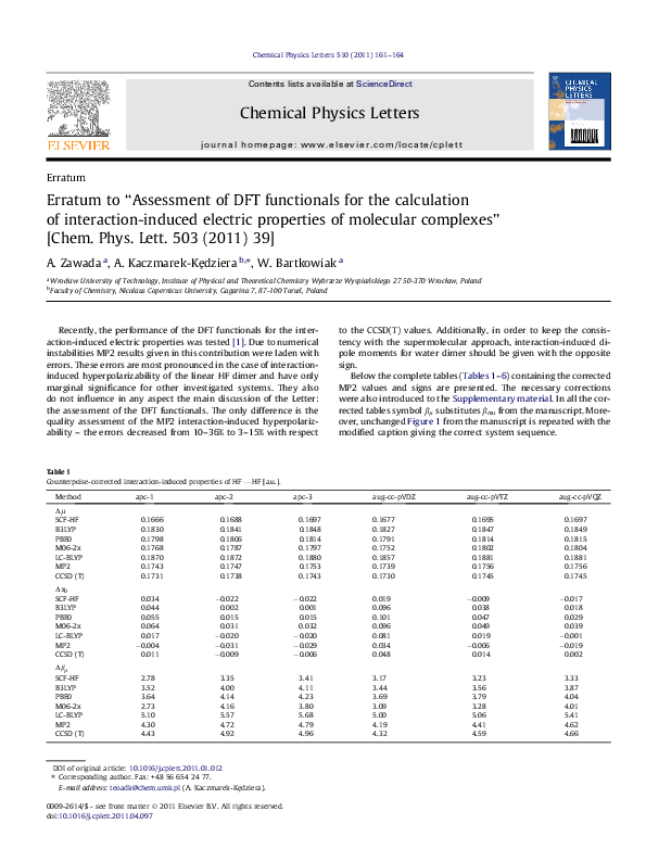 (PDF) Erratum to “Assessment of DFT functionals for the calculation of interaction-induced ...