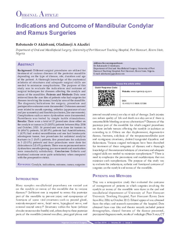 (PDF) Indications and outcome of mandibular condylar and ramus surgeries