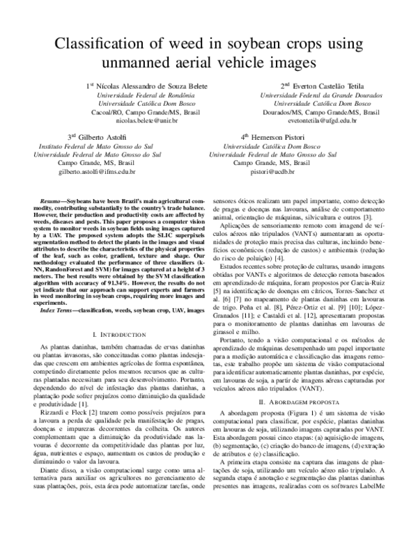 (PDF) Classification of weed in soybean crops usingunmanned aerial vehicle images