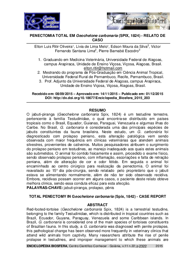 (PDF) PENECTOMIA TOTAL EM Geochelone carbonaria (SPIX, 1824) - RELATO ...