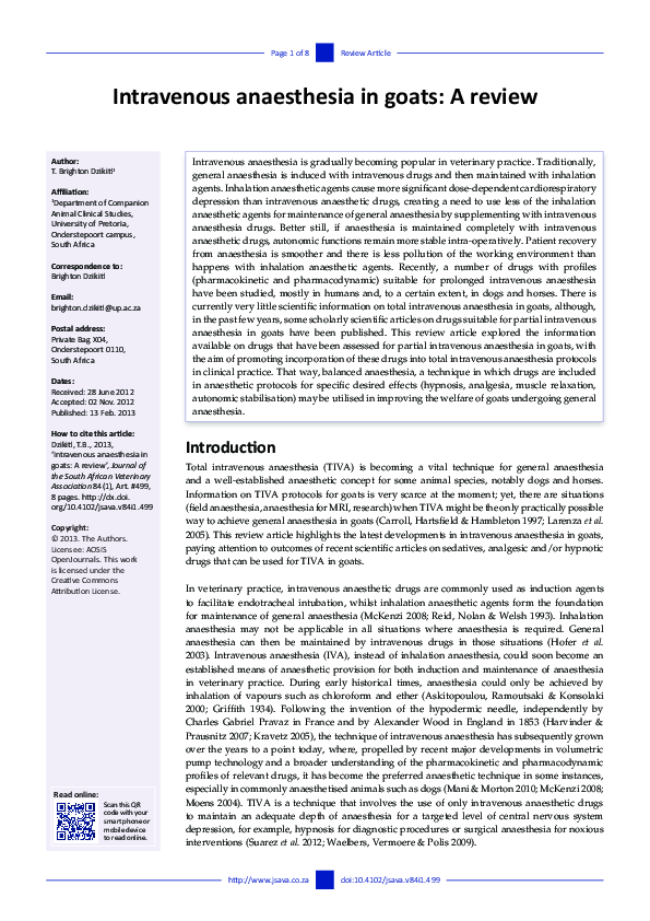 (PDF) Intravenous anaesthesia in goats: A review