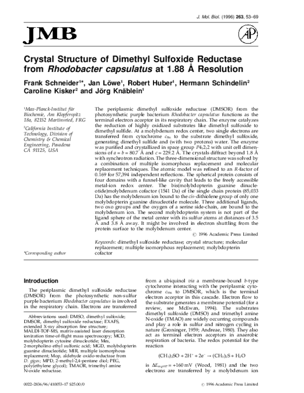 (PDF) Crystal Structure of Dimethyl Sulfoxide Reductase from ...