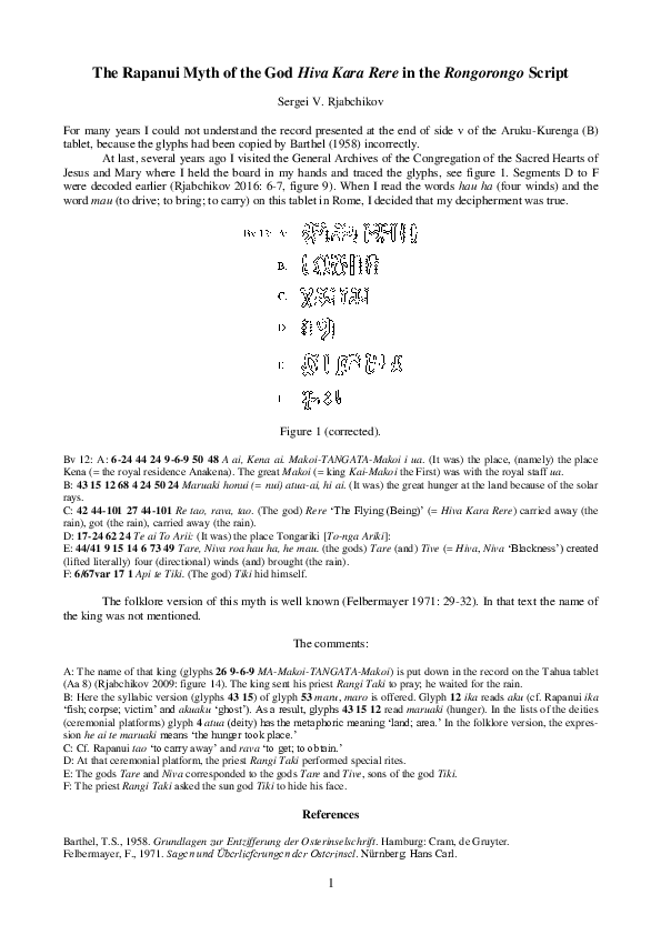 (PDF) The Rapanui Myth of the God Hiva Kara Rere in the Rongorongo Script