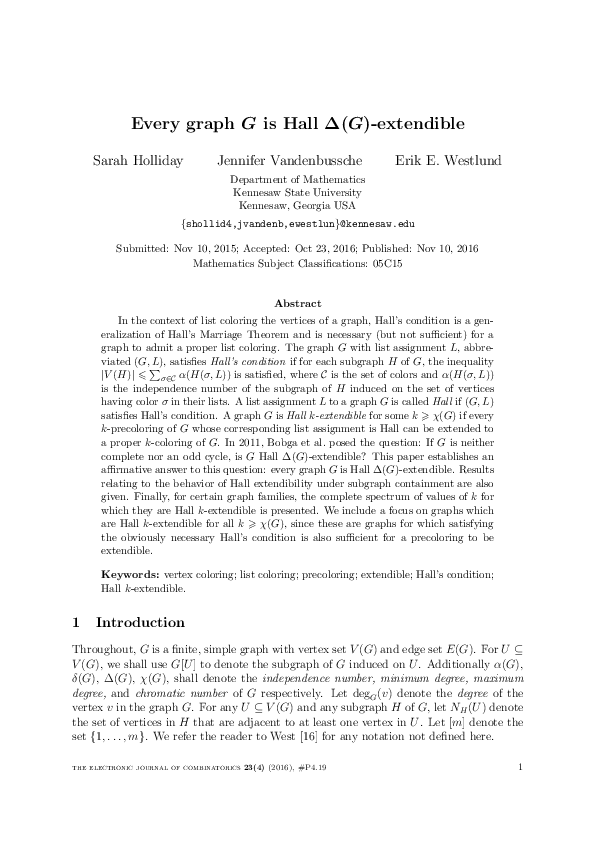 (PDF) Every Graph $G$ is Hall $\Delta(G)$-Extendible