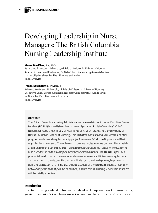 (PDF) Developing leadership in nurse managers: the British Columbia ...