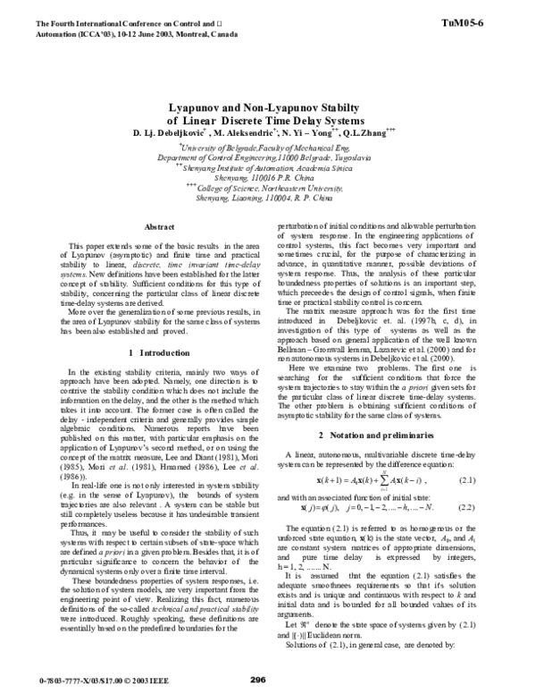 (PDF) Lyapunov and Non-Lyapunov Stabilty of Linear Discrete Time Delay Systems