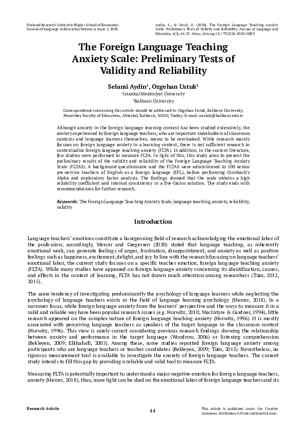 (PDF) The Foreign Language Teaching Anxiety Scale: Preliminary Tests of ...