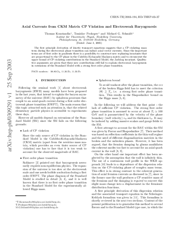 (PDF) Axial currents from CKM matrix CP violation and electroweak baryogenesis