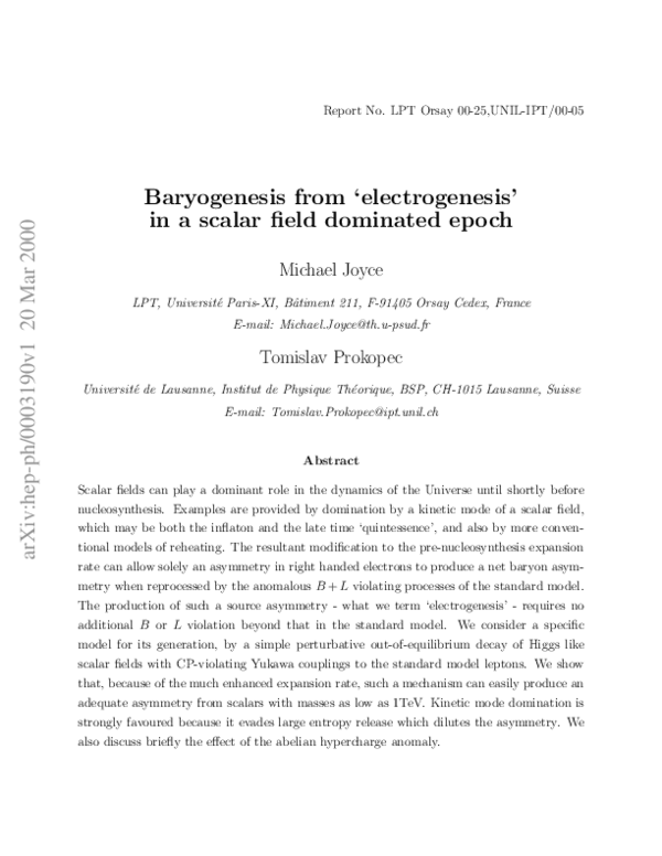 (PDF) Baryogenesis from `electrogenesis' in a scalar field dominated epoch