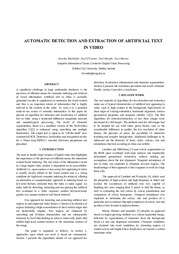 Pdf Automatic Detection And Extraction Of Artificial Text In Video