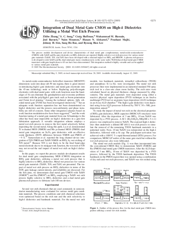 (PDF) Integration of Dual Metal Gate CMOS on High-k Dielectrics ...