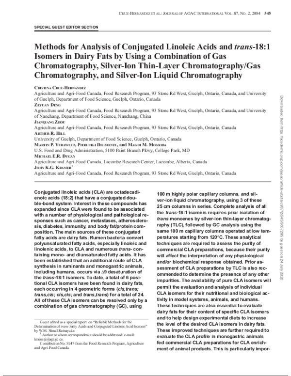 (PDF) Methods for analysis of conjugated linoleic acids and trans-18: 1 isomers in dairy fats by ...