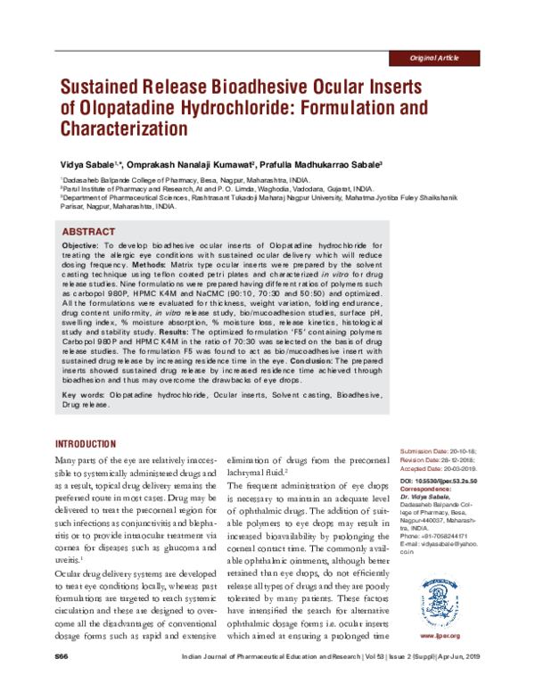 (PDF) Sustained Release Bioadhesive Ocular Inserts of Olopatadine ...