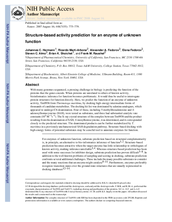 Pdf Structure Based Activity Prediction For An Enzyme Of Unknown Function