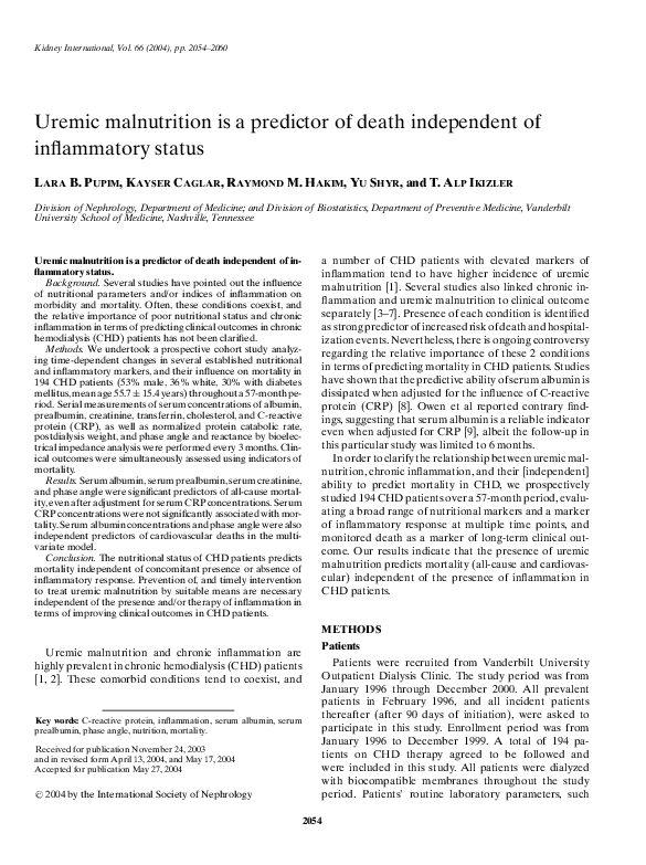 (PDF) Uremic malnutrition is a predictor of death independent of ...