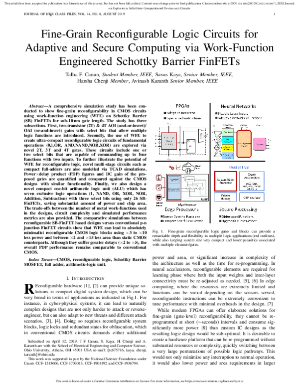 Pdf Fine Grain Reconfigurable Logic Circuits For Adaptive And Secure Computing Via Work