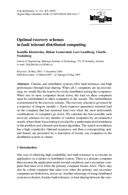 (PDF) Optimal recovery schemes in fault tolerant distributed computing | Kamilla Klonowska ...
