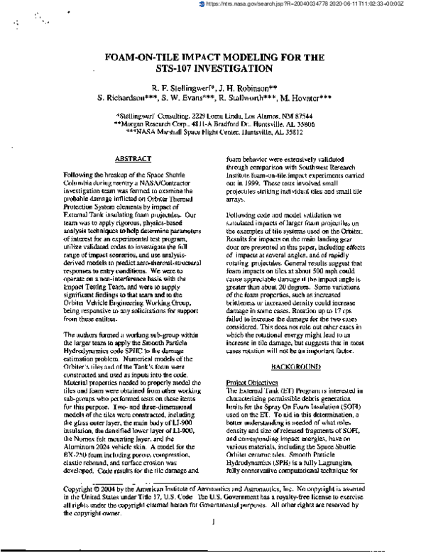 (PDF) Foam-on-Tile Impact Modeling for the STS-107 Investigation