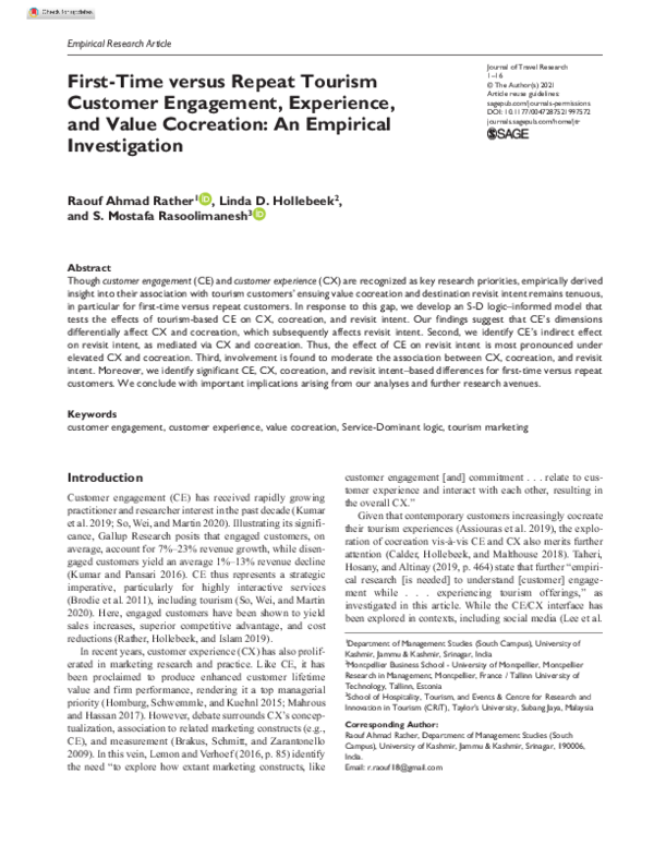 (PDF) First-Time versus Repeat Tourism Customer Engagement, Experience ...