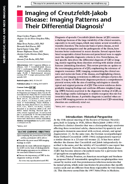 (PDF) Imaging of Creutzfeldt-Jakob Disease: Imaging Patterns and Their ...