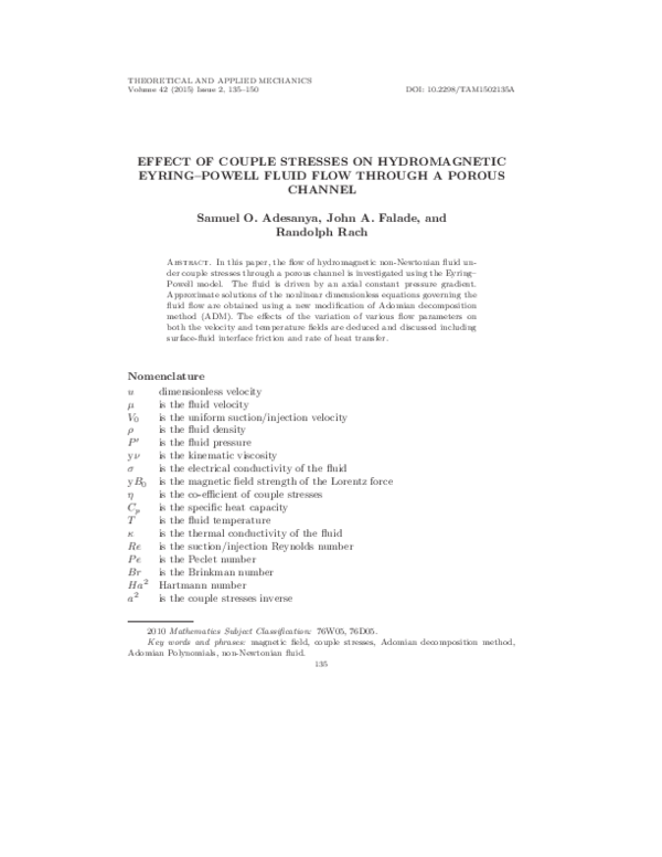 (PDF) Effect of couple stresses on hydromagnetic Eyring-Powell fluid flow through a porous channel