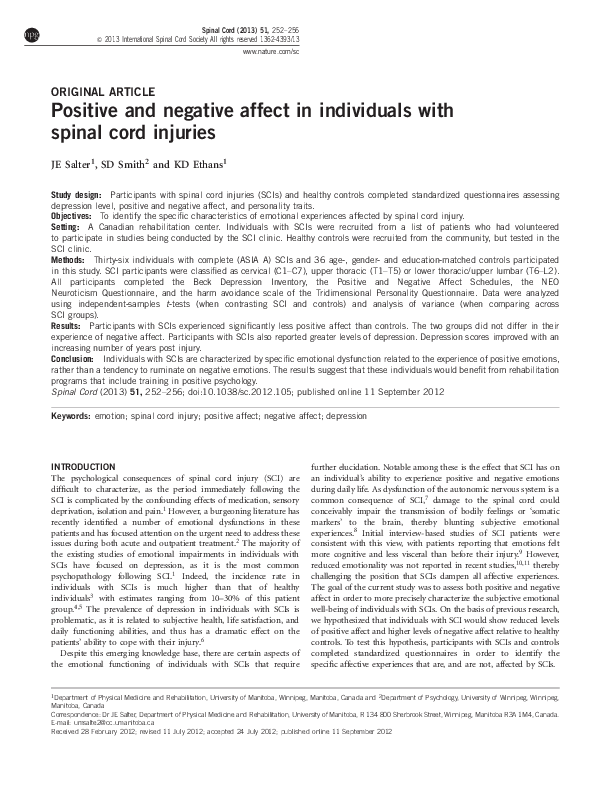 (PDF) Positive and negative affect in individuals with spinal cord injuries