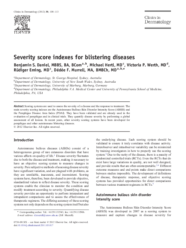 (PDF) Severity score indexes for blistering diseases