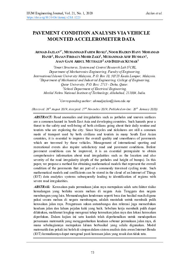 (PDF) Pavement Condition Analysis via Vehicle Mounted Accelerometer Data