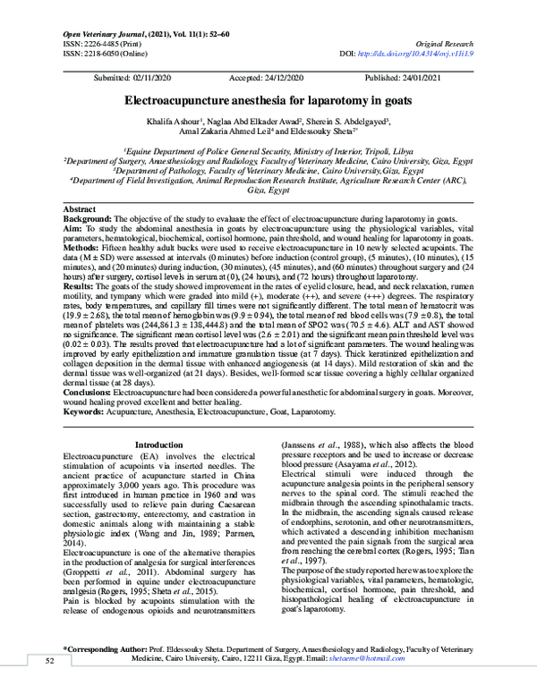 (PDF) Electroacupuncture anesthesia for laparotomy in goats