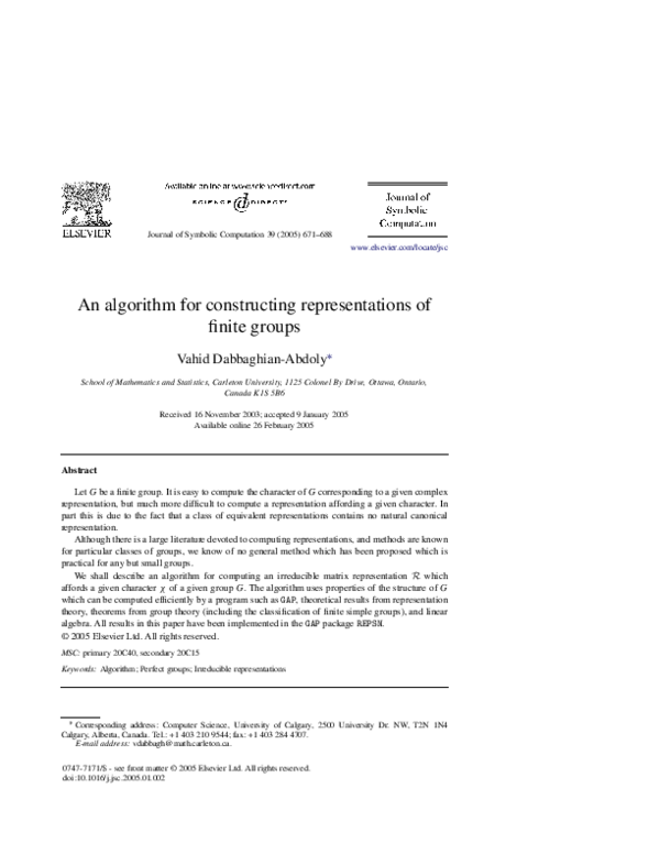 Pdf An Algorithm For Constructing Representations Of Finite Groups