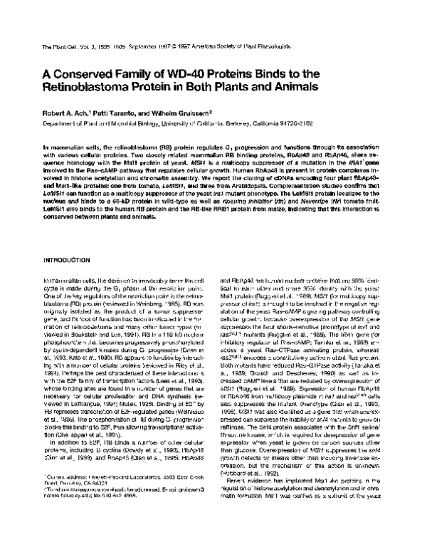 (PDF) A Conserved Family of WD-40 Proteins Binds to the Retinoblastoma ...