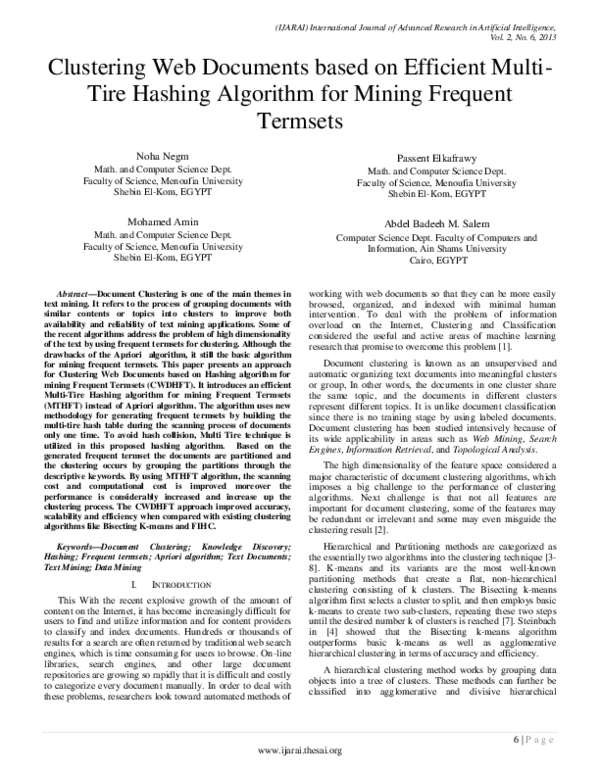 (PDF) Clustering Web Documents based on Efficient Multi-Tire Hashing Algorithm for Mining ...