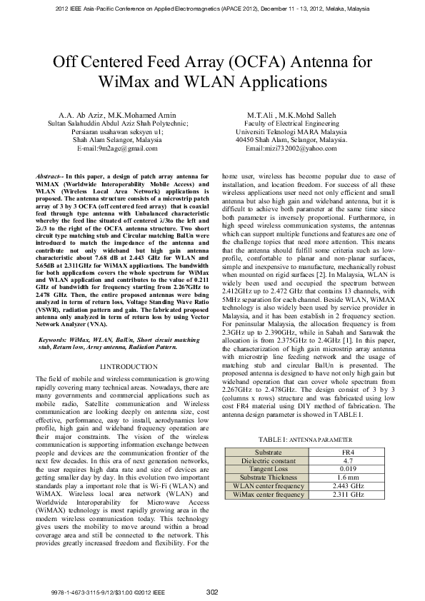 (PDF) Off centered feed array (OCFA) antenna for WiMax and WLAN applications