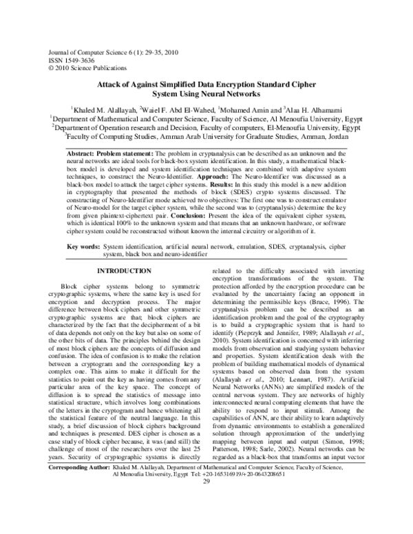 Pdf Attack Of Against Simplified Data Encryption Standard Cipher System Using Neural Networks
