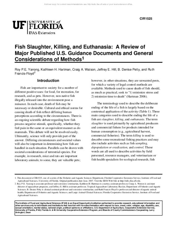 (PDF) Fish Slaughter, Killing, and Euthanasia: A Review of Major ...