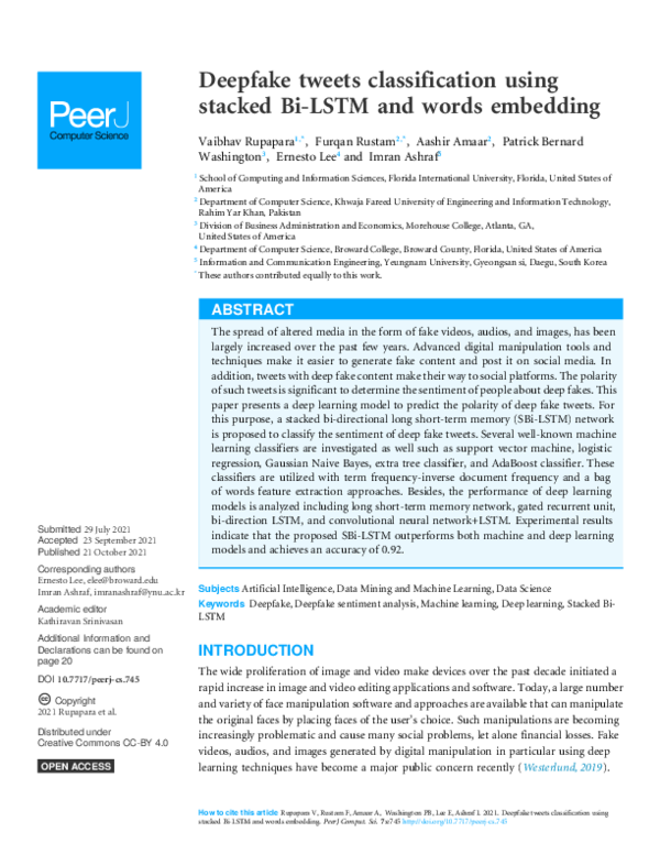 (PDF) Deepfake tweets classification using stacked Bi-LSTM and words ... (PDF) Deepfake tweets classification using stacked Bi-LSTM and words ...