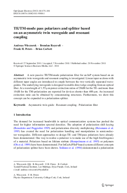 Pdf Tetm Mode Pass Polarizers And Splitter Based On An Asymmetric Twin Waveguide And Resonant