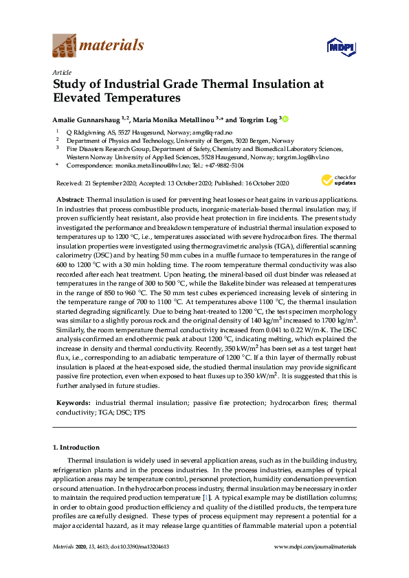 (PDF) Study of Industrial Grade Thermal Insulation at Elevated Temperatures