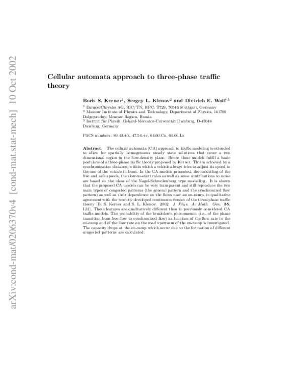 (PDF) Cellular automata approach to three-phase traffic theory