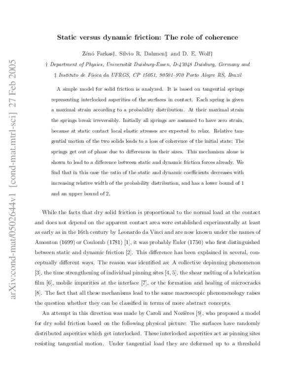 (PDF) Static versus dynamic friction: the role of coherence