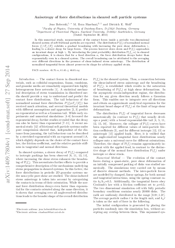 (PDF) Anisotropy of force distributions in sheared soft-particle systems