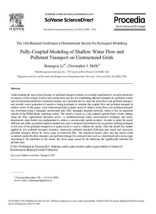 Pdf Fully Coupled Modeling Of Shallow Water Flow And Pollutant Transport On Unstructured Grids