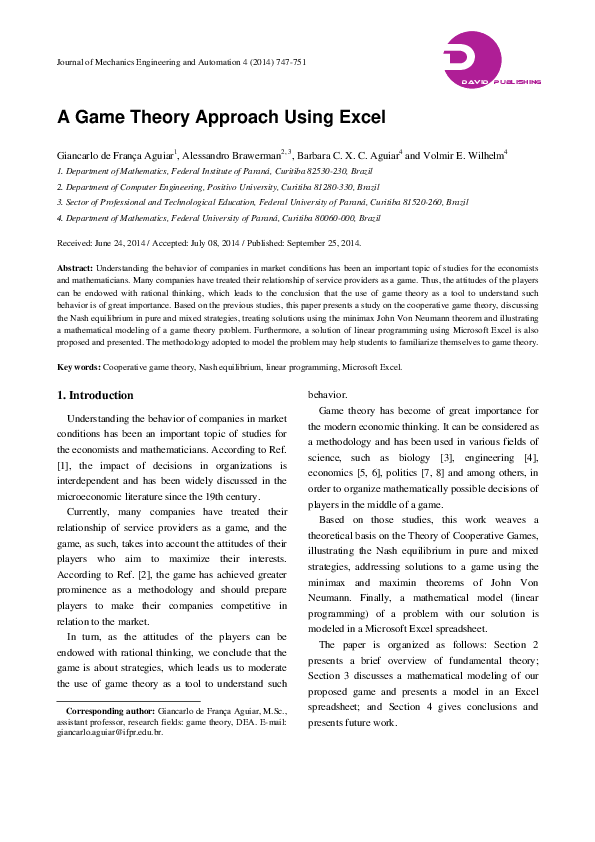 (PDF) A Game Theory Approach Using Excel