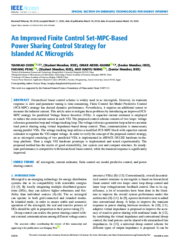 Pdf An Improved Finite Control Set Mpc Based Power Sharing Control