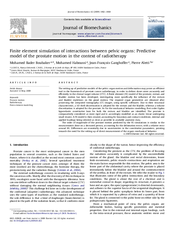 Pdf Finite Element Simulation Of Interactions Between Pelvic Organs
