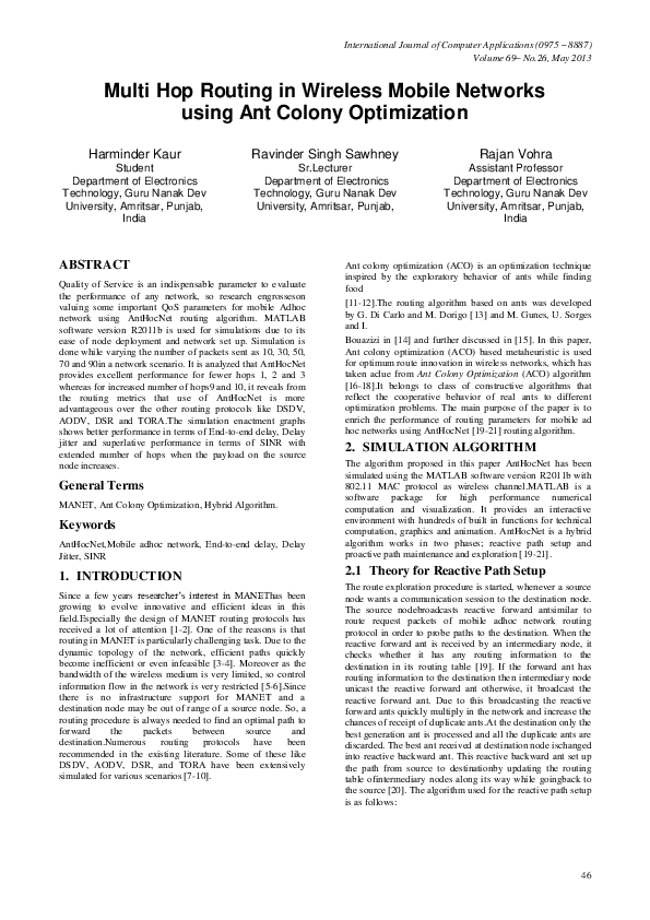 (PDF) Multi Hop Routing in Wireless Mobile Networks using Ant Colony Optimization