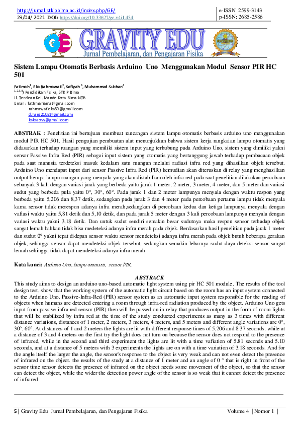Pdf Sistem Lampu Otomatis Berbasis Arduino Uno Menggunakan Modul Sensor Pir Hc 501