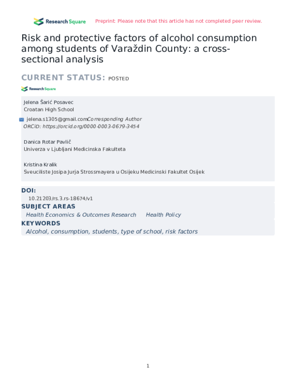 (PDF) Risk and protective factors of alcohol consumption among students of Varaždin County: a ...